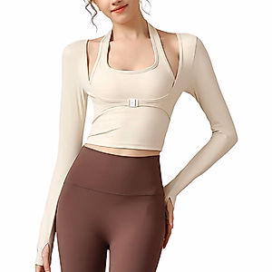 Gihuo Long Sleeve Crop Top Workout Women Athletic Yoga Running Cropped Tops Slim Fit Sport Gym Shirts(Apricot, S)