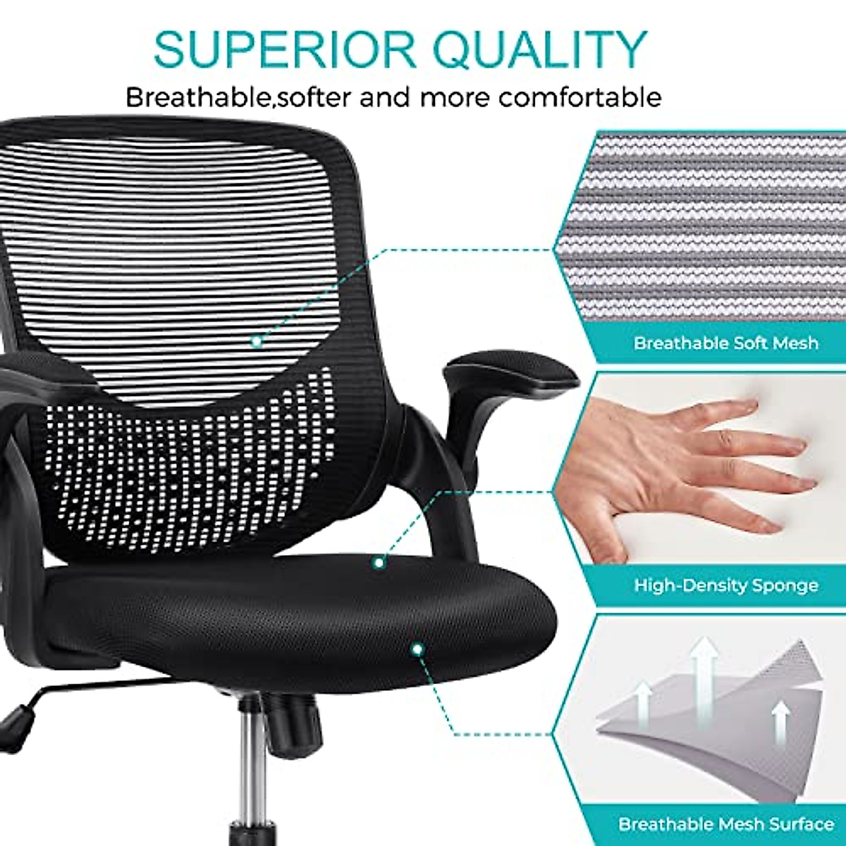 Office Chair, Ergonomic Office Chair Computer Chair Mesh Home Office Desk Chairs with Flip-up Armrests, Rolling Swivel Chair with Lumbar Support Height Adjustable, Black