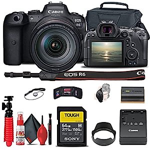 Canon EOS R6 Mirrorless Digital Camera with 24-105mm f/4L Lens (4082C012) + 64GB Tough Card + Case + Flex Tripod + Hand Strap + Cap Keeper + Memory Wallet + Cleaning Kit (Renewed)