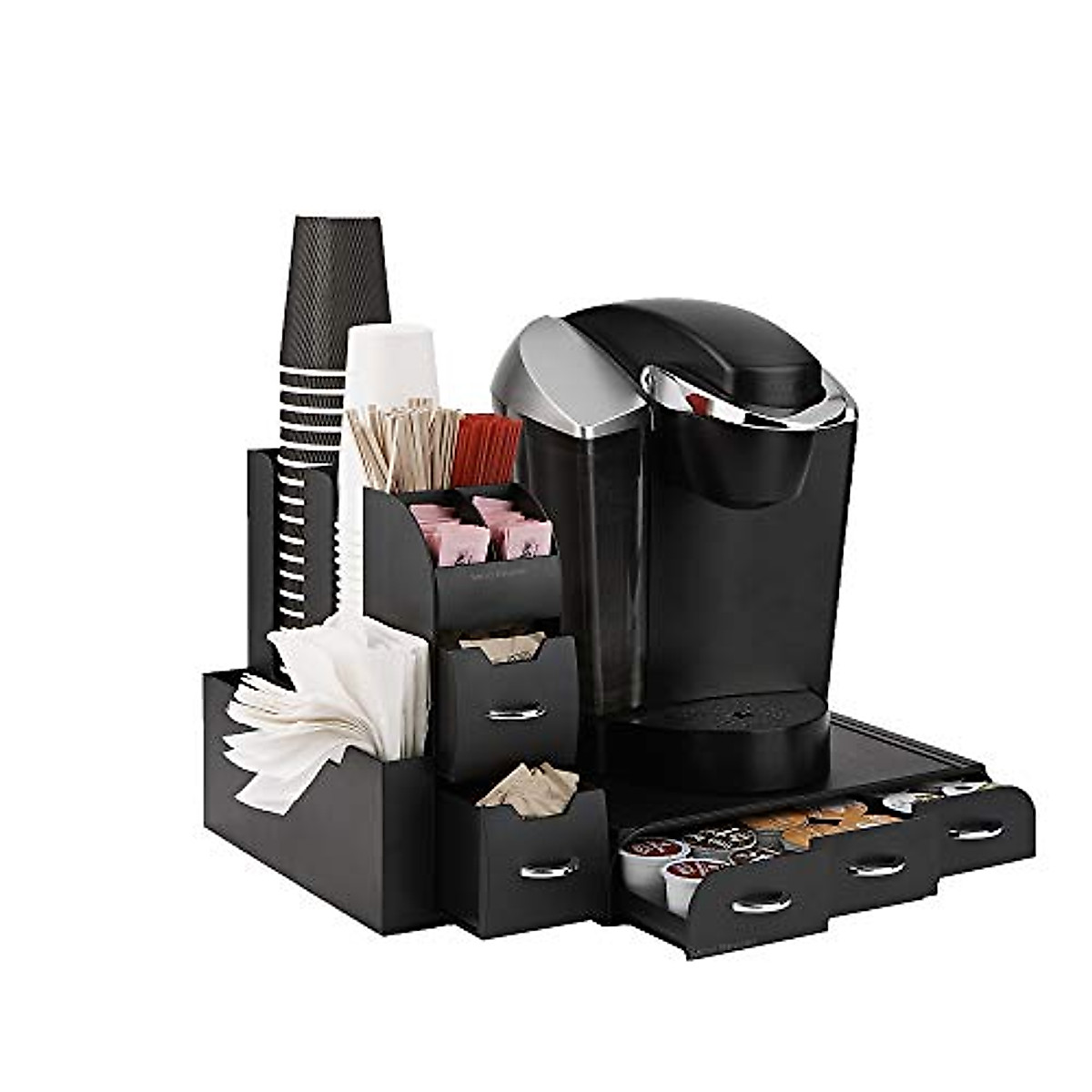 Mind Reader Anchor Collection, 3-Drawer Single Serve Coffee Pod Drawer, 36 Coffee Pod Capacity, Coffee Machine Base and 10-Compartment Cup and Condiment Countertop Organizer Set, Black