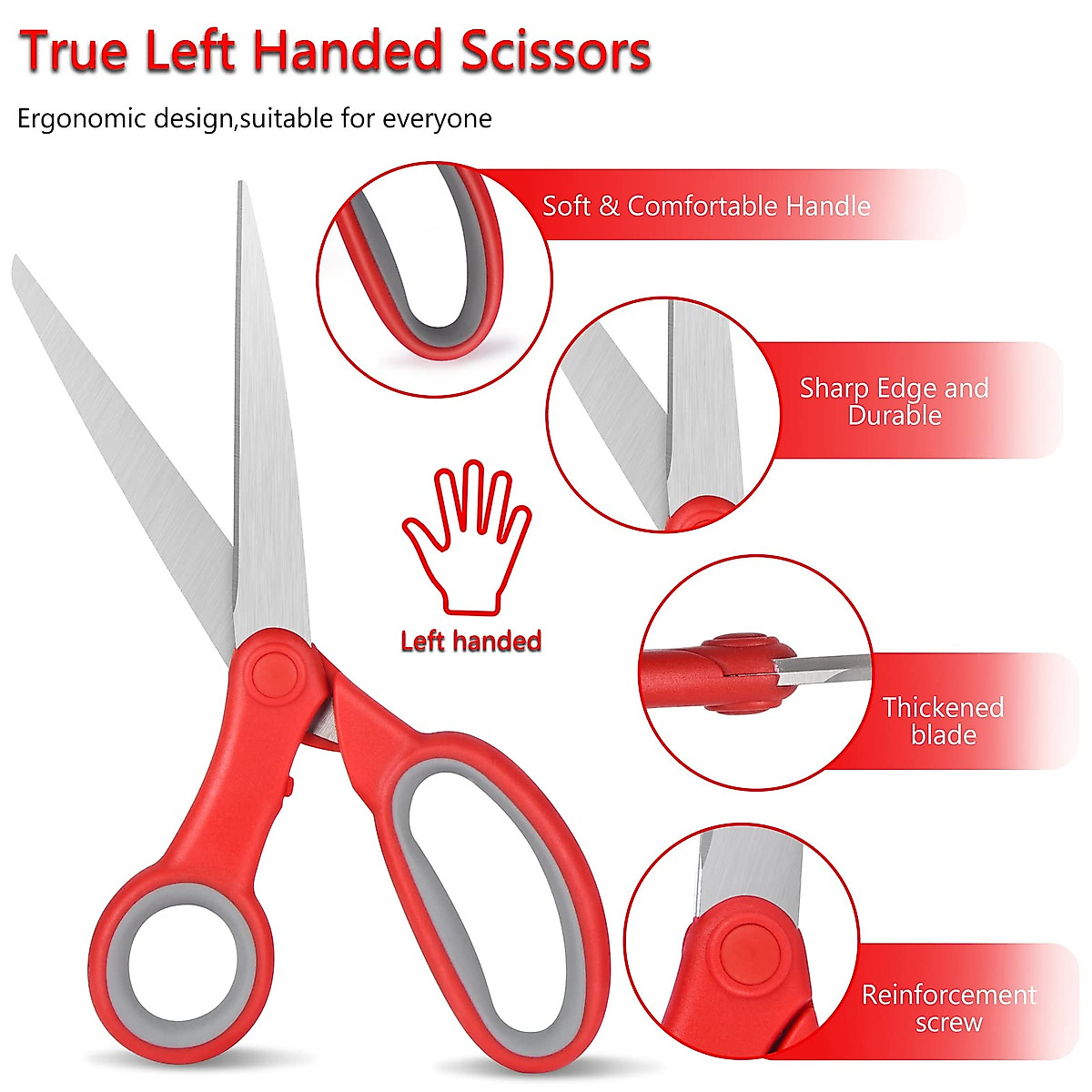 Balaipor Left Handed Scissors, 8" All Purpose Lefty Stainless Steel Scissors for Adults School Student Kids, Great for Craft, Office, Sewing, Fabric, Red (1 Pack)