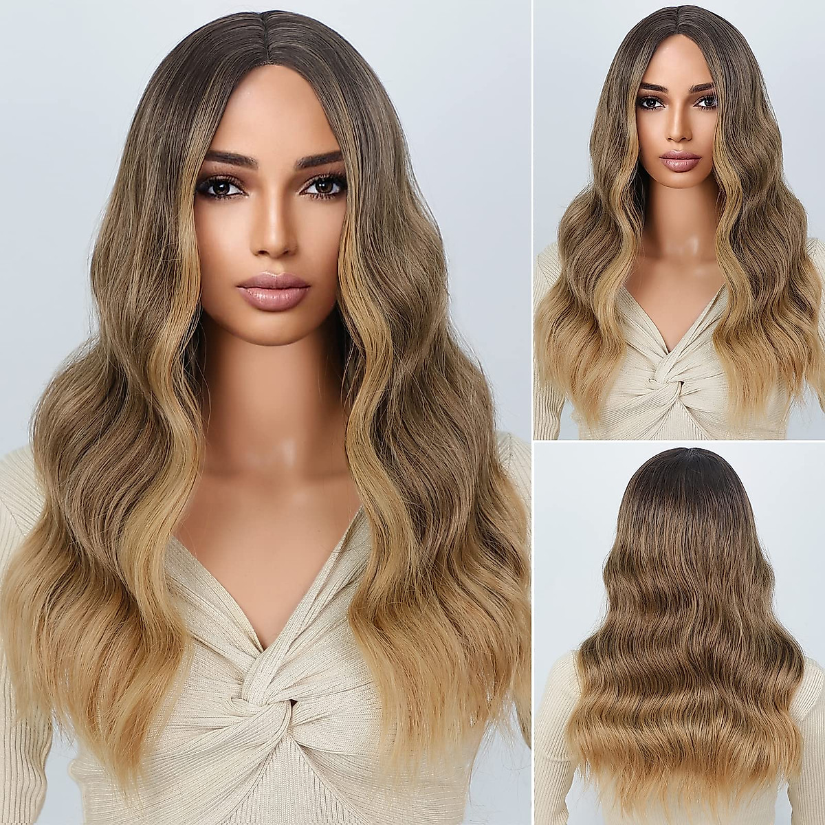AISI QUEENS Long Wavy Ombre Wig Brown Mixed Blonde Synthetic Middle Part Wigs for Women Heat Resistant Hair Replacement Wigs for Daily Wear 20 Inch
