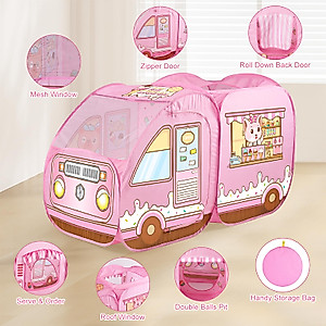 Ice Cream Truck Play Tent for Kids, 45 Pc. Pretend Play Toy Food Set, Pop Up Playhouse with Children’s Play Tent Ball Pit, Great Gifts for Toddlers, Baby, Boys & Girls（Ball Pit Balls Not Included）