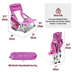 SUNNYFEEL Low Sling Beach Chair, Folding Low Mesh Reclining Back Low Seat Beach Chairs for Adults with Cup Holder,Carry Bag Padded Armrest for Sand Camping Lawn Concert Travel Festival (Pink)