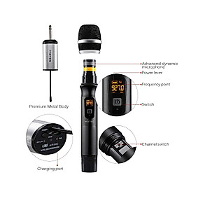 HOTEC Wireless Microphone, Metal Dual UHF Dynamic Handheld Microphone System for Karaoke, Singing, Speech (H-U26)