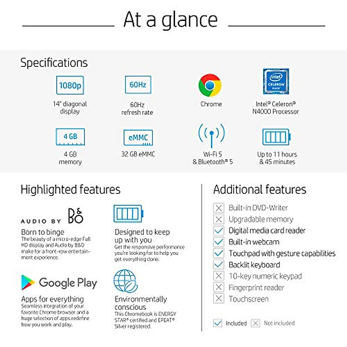 HP Chromebook 14-inch FHD Laptop, Intel Celeron N4000, 4 GB RAM, 32 GB eMMC, Chrome (14a-na0090nr, Forest Teal)