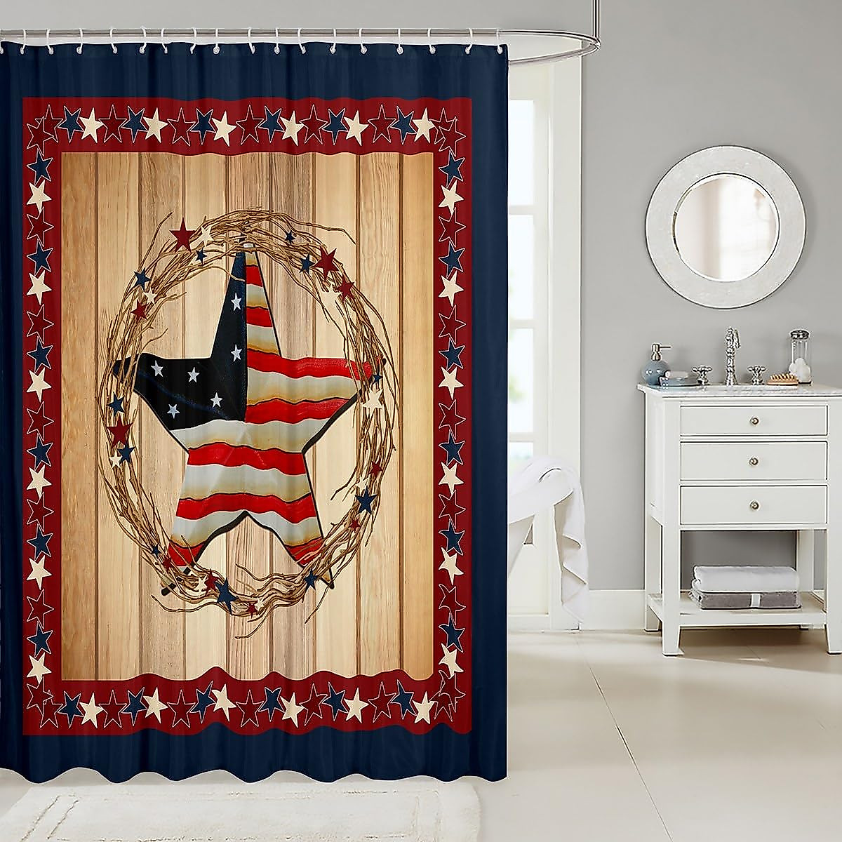 Retro Star American Flag Shower Curtains Red Navy Blue Plaid Vintage Decor Bath Curtains for Bathtub Wooden Stripes Rustic Farmhouse Bathroom Curtains with 12 Hooks 72" W x 84" L