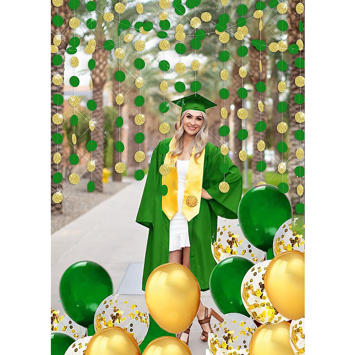 Graduation Party Decorations Green Gold 2024/Green Gold Graduation Decorations/Glitter Gold Green Birthday Party Decorations/St. Patrick’s Day Decorations/2pcs Paper Circle Garlands