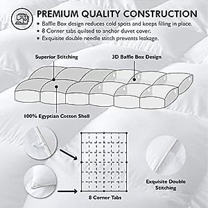 Luxurious Twin/Twin XL Size Goose Down Feather Comforter Down Feather Fiber Duvet 100% Egyptian Cotton Cover - Baffle Box Design - 50oz Fill Weight - Twin/Twin XL Duvet - Solid White
