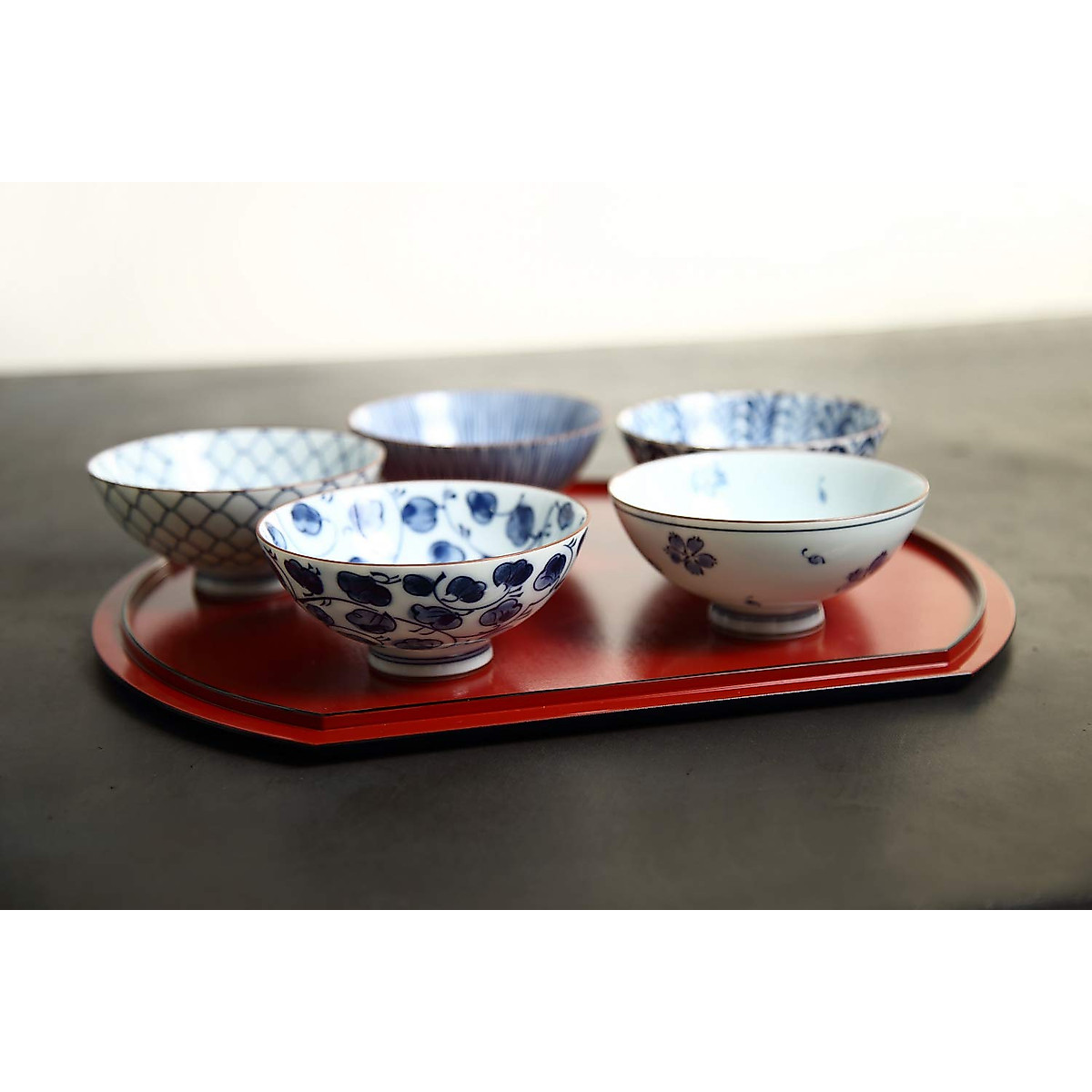 Mino Ware Japanese Pottery Set - Traditional Japanese Rice Bowls - Blue and White Asian Bowls - Hand Painted Bowls - Premium Japanese Ceramic - 5 pieces Japanese Soup Bowl Set