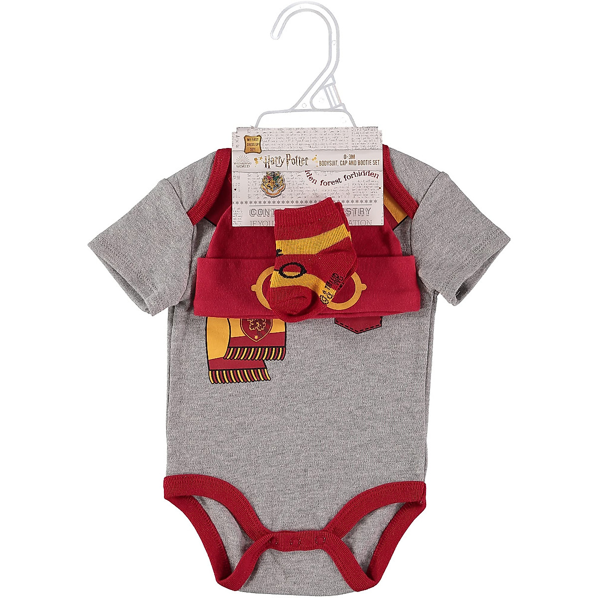 Harry Potter Baby Boys Clothing 3-Piece Set with Bodysuit, Hat, and Socks Gifts Baby Clothes (3 Pack Grey/Red/Yellow, 3-6M)