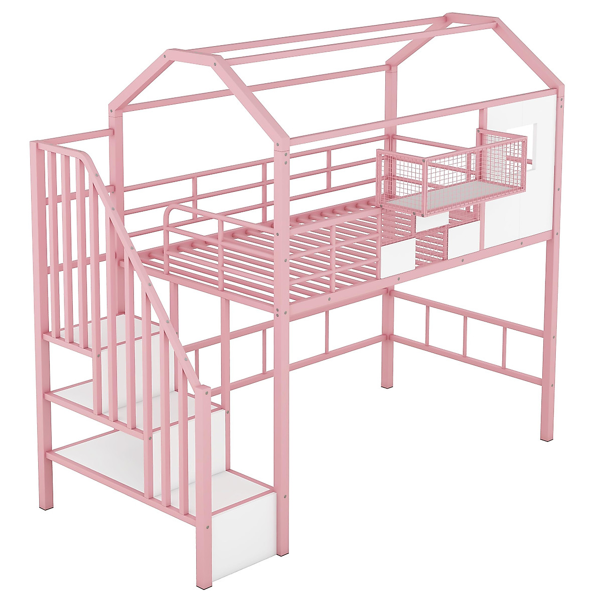 Twin Size House Loft Bed with Stairs and Storage, Heavy-Duty Metal Princess Loft Bed Frame with Storage Box and Safety Rail for Girls Kids Teens, Pink