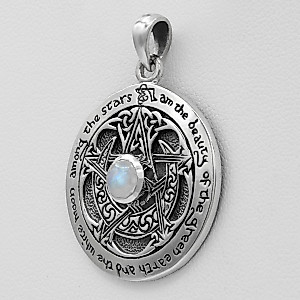 Dryad Design Moon Pentacle Pendant - Rainbow Moonstone Pentagram Sterling Silver Celtic Pagan Jewelry for Men & Women