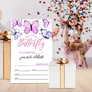 UDNADKEX Butterfly Birthday Invitations for Girl with Envelopes, Invites for Birthday Party Purple Butterfly, Butterfly Birthday Party Invite Cards, Our Little Butterfly, 4"x6" Set of 20