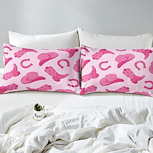 Erosebridal Cowgirl Bed Sheets Cute Kawaii Pink Cowgirl Twin Sheet Set Gifts for Girls Women Cowboy Hat Boots Horseshoe Bedding Set Wild West Cowgirls Fitted Sheet + Flat Sheet + 1 Pillow Case