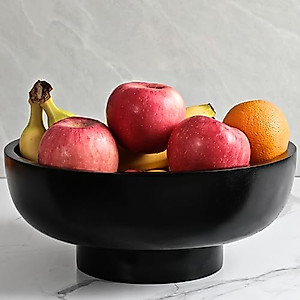 IVE Design Black Wood Fruit Bowl for Kitchen Counter, 12-inch Diameter Large Wooden Fruit Bowl, Natural Rubber Wood, Black Decorative Bowl Fruit Holder