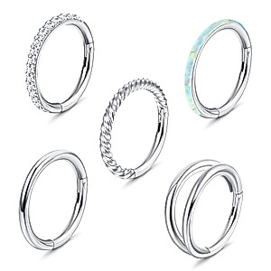 Jstyle 5Pcs 16G Surgical Steel Nose Rings Hoop for Women Opal CZ Clicker Hinged Septum Nose Ring Lip Helix Cartilage Hoop Earring Daith Rook Conch Nose Piercing Jewelry for Women 8mm 18G