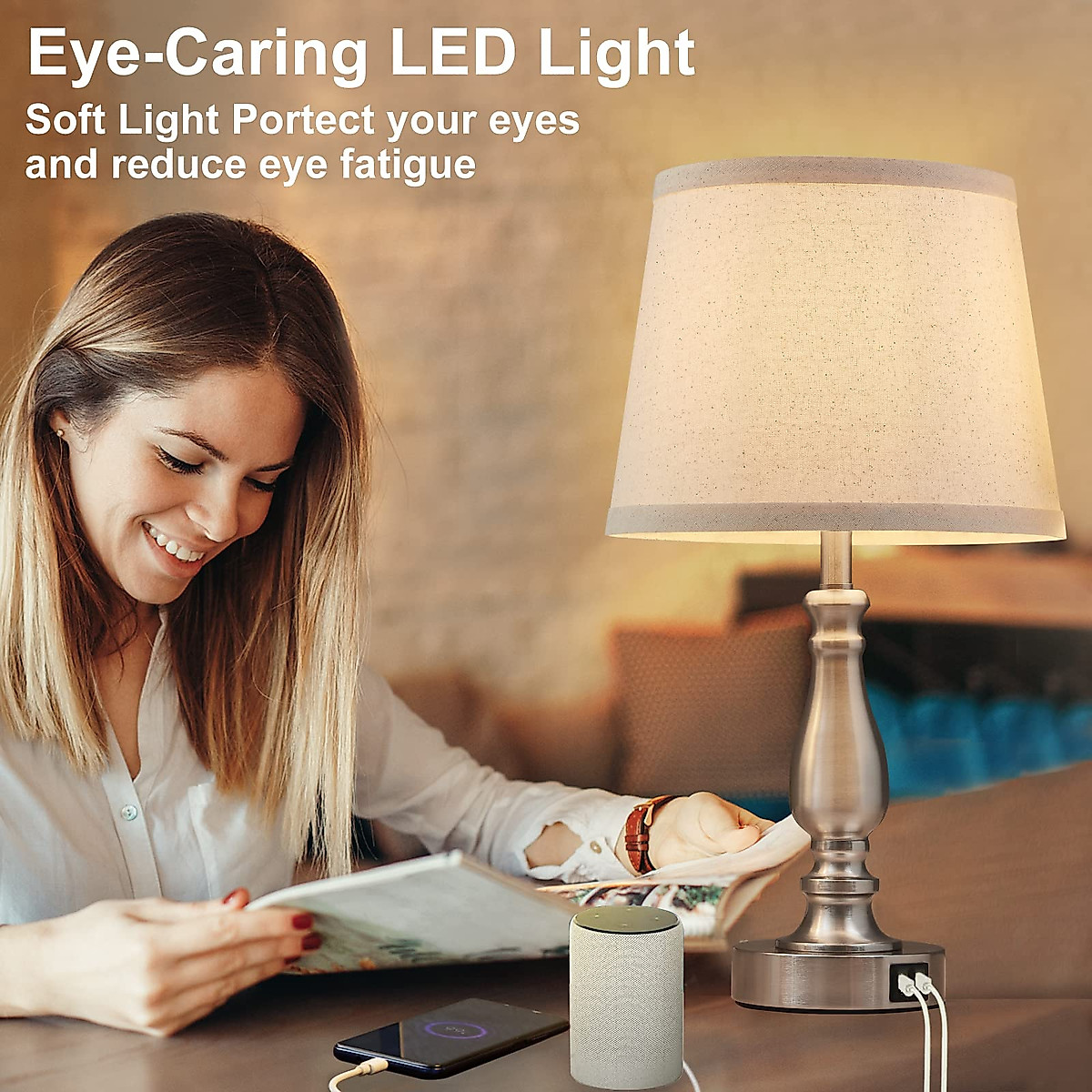 Lamps for Bedrooms Set of 2, Brushed Nickel Bedside Lamps with USB C+A Ports, 3 Way Dimmable Nightstand Lamps with Fabric Lampshade, Touch Table Lamp for Living Room Bedroom Office, Bulbs Included