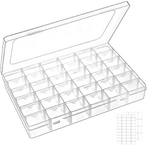 QUEFE 1 Pack 36 Grids Clear Plastic Organizer Storage Box Container, Craft Storage with Adjustable Dividers for Beads, Art DIY, Crafts, Jewelry, Fishing Tackle with Label Stickers