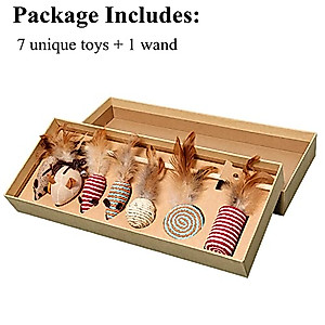 7 Pack Ferret Toys - Interactive Ferret Toys Assortments Feather Teaser Wand with Sisal Mice Balls and Bells Toys for Ferret Cat Kitten Puppy (7 Pack)