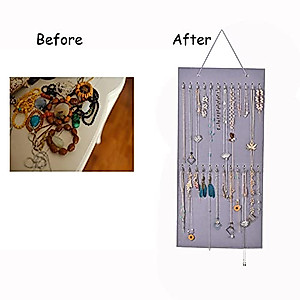 Jewelry Storage Hanging Organizers Large Capacity Wall Mounted Jewelry Organizer Holder Storage with 24 Hooks and Rope Necklace Storage Rack (Style1-Grey)