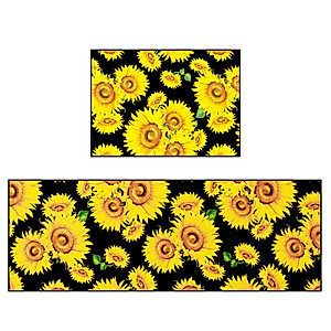Sunflower Kitchen Rugs and Mats Set 2 PCS, Washable Anti-Fatigue Non-Slip Durable Comfort Standing Runner Rug for Kitchen, Office, Sink, Laundry, Living Room (17"x48"+17"x24",Black)