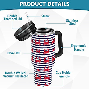 SDMKA 30oz Stainless Steel Tumbler with Straw and Handle, Vacuum Insulated Double-Walled Travel Mug, BPA-Free Leakproof Cup for Hot/Cold Beverages, Red Crabs Stripes