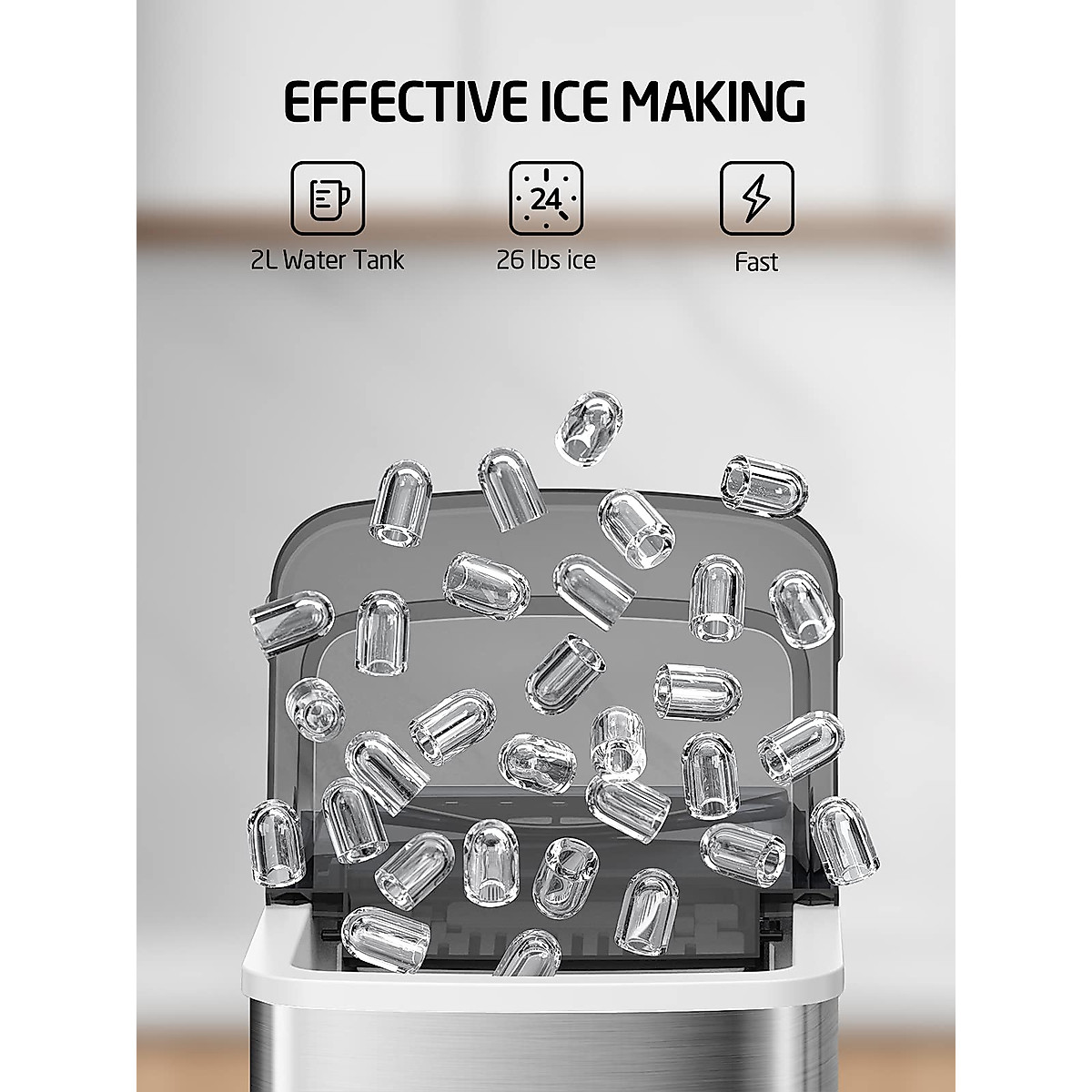 Ice Maker Machine for Countertop, 9 Ice Cubes Ready in 6 Minutes, 26lbs in 24Hrs Portable Ice Maker Machine Self-Cleaning, 2 Sizes of Bullet-Shaped Ice for Home Kitchen Office Bar Party