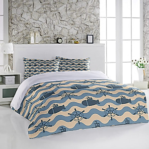 California King Duvet Covers Nautical Rudder Submarine 3-Piece Bedding Sets Luxury Soft Microfiber Bed Comforter Protector with Pillow Cases for Women Men Girl Boy Water Ripple Stripes