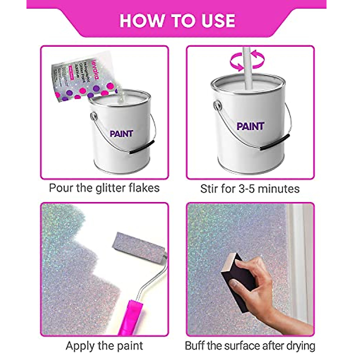 Glitter for Paint [5.3oz] – Holographic Silver with 2 x Buffing Pads – Glitter for Painting Walls for Luminous Paint Finish on Interior or Exterior Walls, Ceilings, and Wood - Glitter Paint Additive