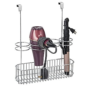mDesign Metal Over Door Bathroom Hair Care & Styling Tool Organizer Storage Basket for Hair Dryer, Flat Irons, Curling Wands, Hair Straighteners - Hang Inside/Outside Cabinet Doors - Chrome