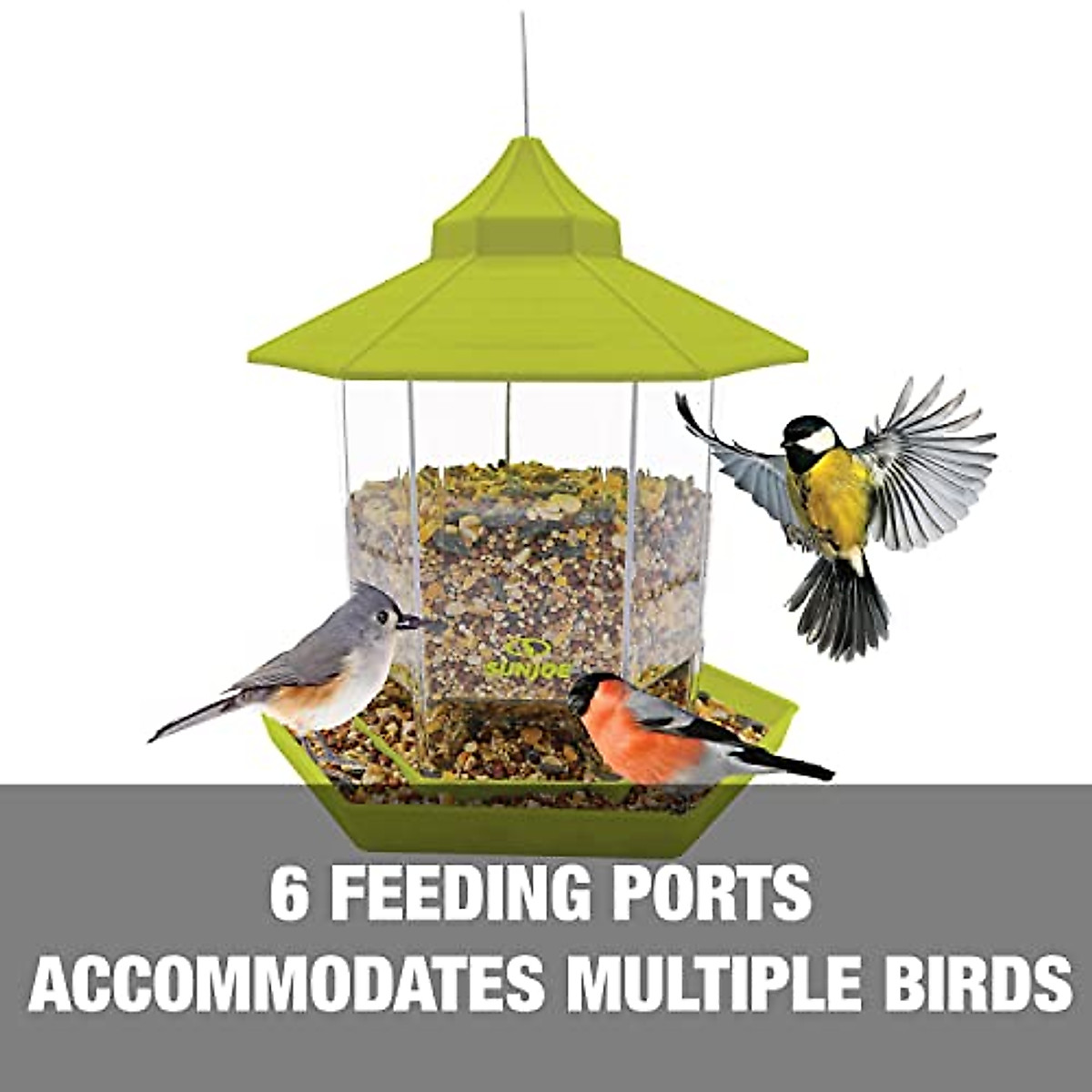 Sun Joe SJ-WBFX-GRN Wild Bird Hanging Feeder, w/Roof and Hexagonal Shape, for Outdoor Garden & Yard Decoration, 2.15 Lbs Bird Seed & Nut Capacity