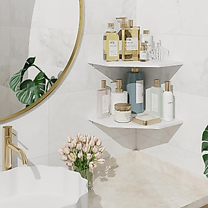 Homode Corner Shelf Wall Mount, Set of 2 Corner Floating Shelves with Cord Hole for Speaker, Cable Box, 2 Tier Wood Hanging Storage Shelf for Bathroom Living Room Bedroom, White