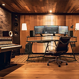 SHW L Shaped Gaming Desk with Full Around Monitor Stand and Drawer, Black