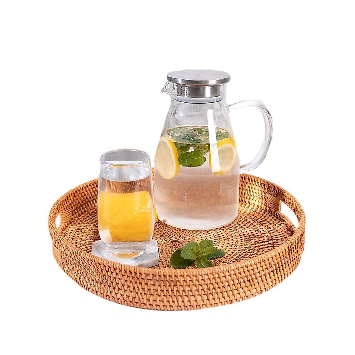 Isla's Creations Round Rattan Serving Tray – Woven Rattan Decorative Tray with Handles – Multipurpose Trays for Eating, Storage, Serving Breakfast, Tea, Snacks – Boho Modern Rattan Tray, 30 x 5 cm