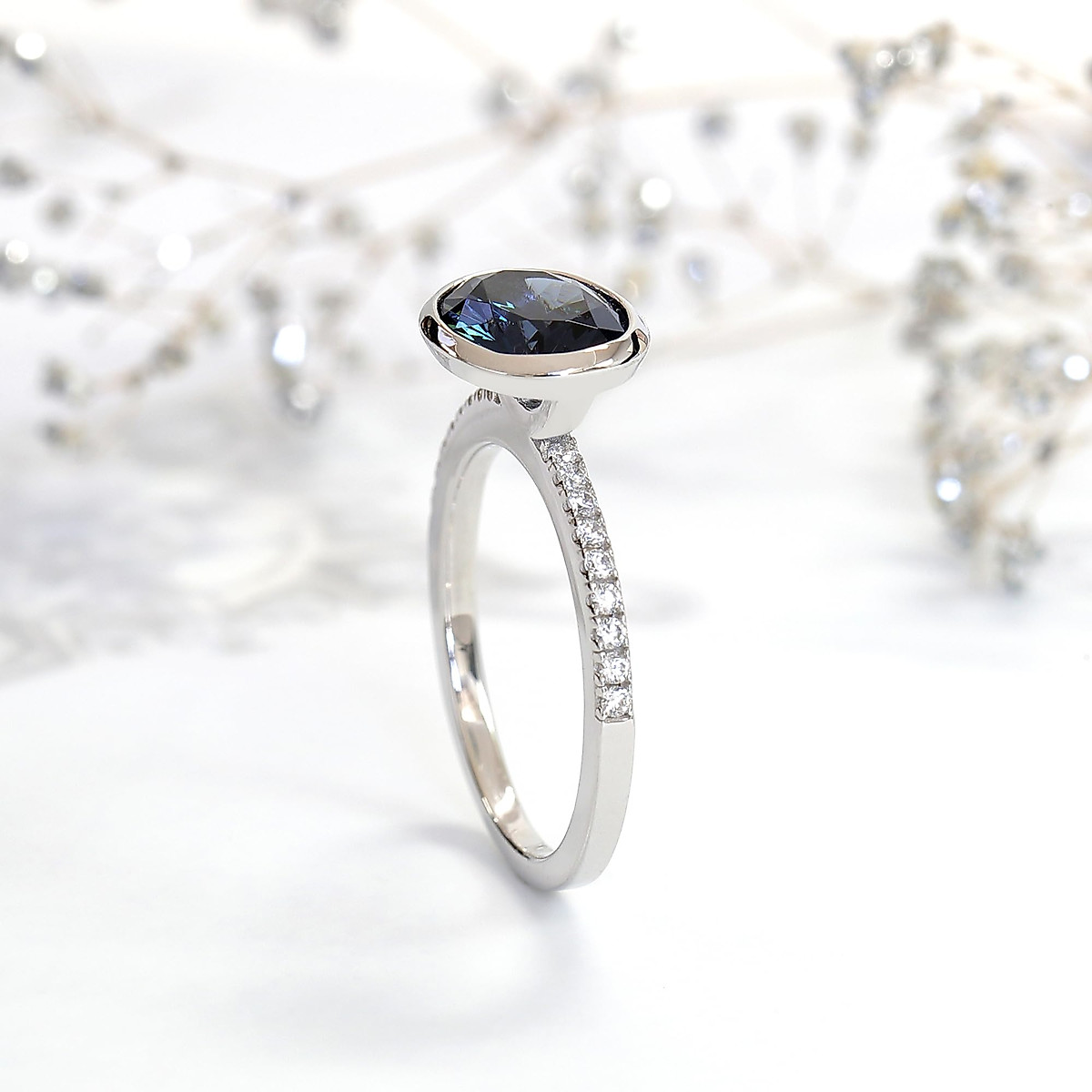 DoubleAccent Platinum Plated Sterling Silver Ring 2 CT Oval Grey CZ Stone Bezel Wedding Engagement Ring (Size 5 to 9), 6