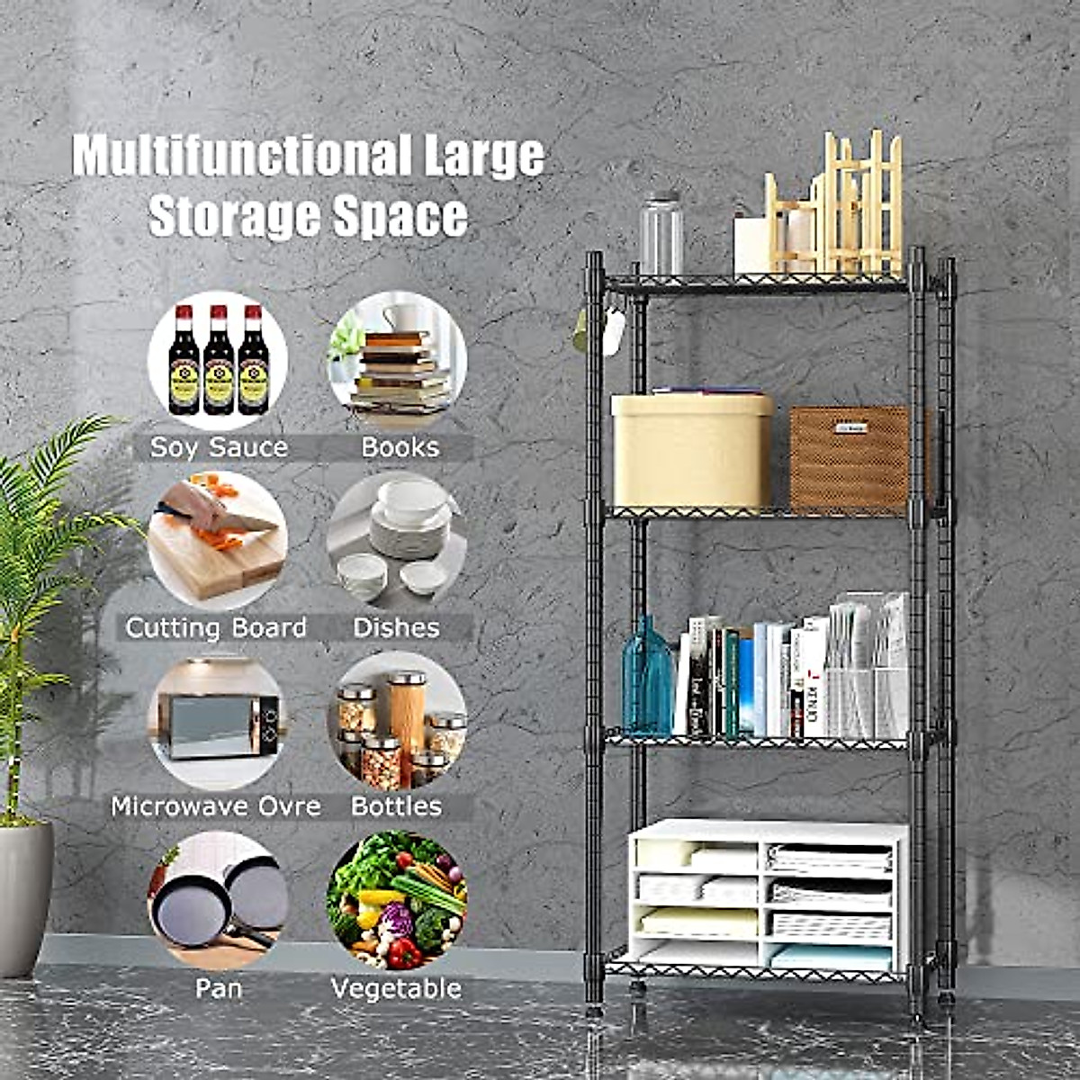 JEROAL 4 Tier Wire Shelving Unit, Adjustable Height Storage Shelf Display Rack with 4 S-Shaped Hooks, 21.25" D×11.4" W×46.45" H Standing Heavy Duty Metal Shelving for Laundry Bathroom Kitchen