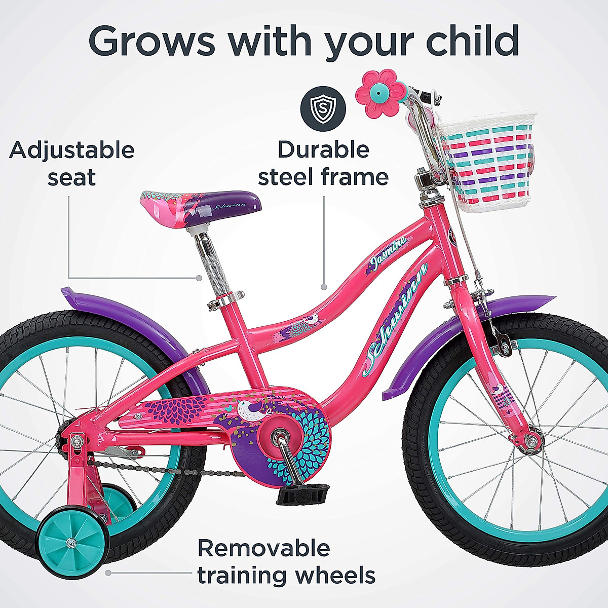 Schwinn Jasmine Kids Bike with Training Wheels, 16-Inch Wheels, Front Basket, Coaster and Hand Brakes, Pink