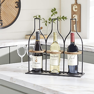 Deco 79 Metal Bottle Shaped 3 Bottle Wine Holder, 17" x 5" x 16", Black