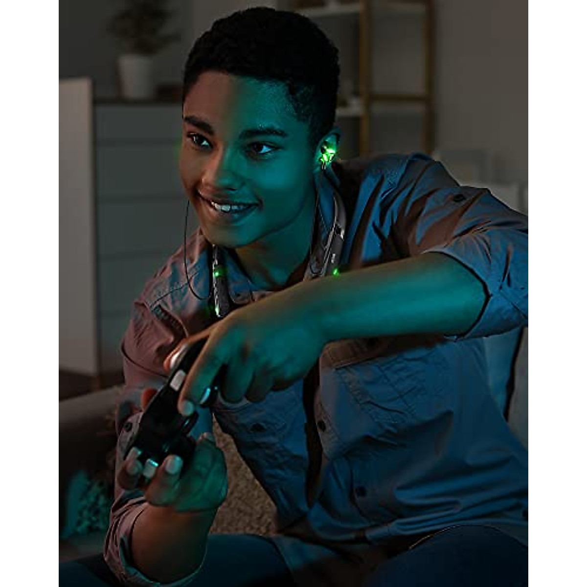 TNTOR Neckband Bluetooth Headphones with Microphone, Wireless Headphones Bluetooth 5.0 with Bright Green LED Ambient Light, Ultra Low Latency, Sweatproof for Gaming Running Sport