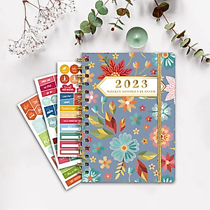 Ymumuda 2023 Planner, Weekly Monthly Planner 2023, 12-Month School Planner from JAN.2023 to DEC.2023, 8.4" X 6", Spiral Planner Notebook with Stickers, Elastic Closure, Inner Pocket, Coated Tabs, Grey Embroidery Floral