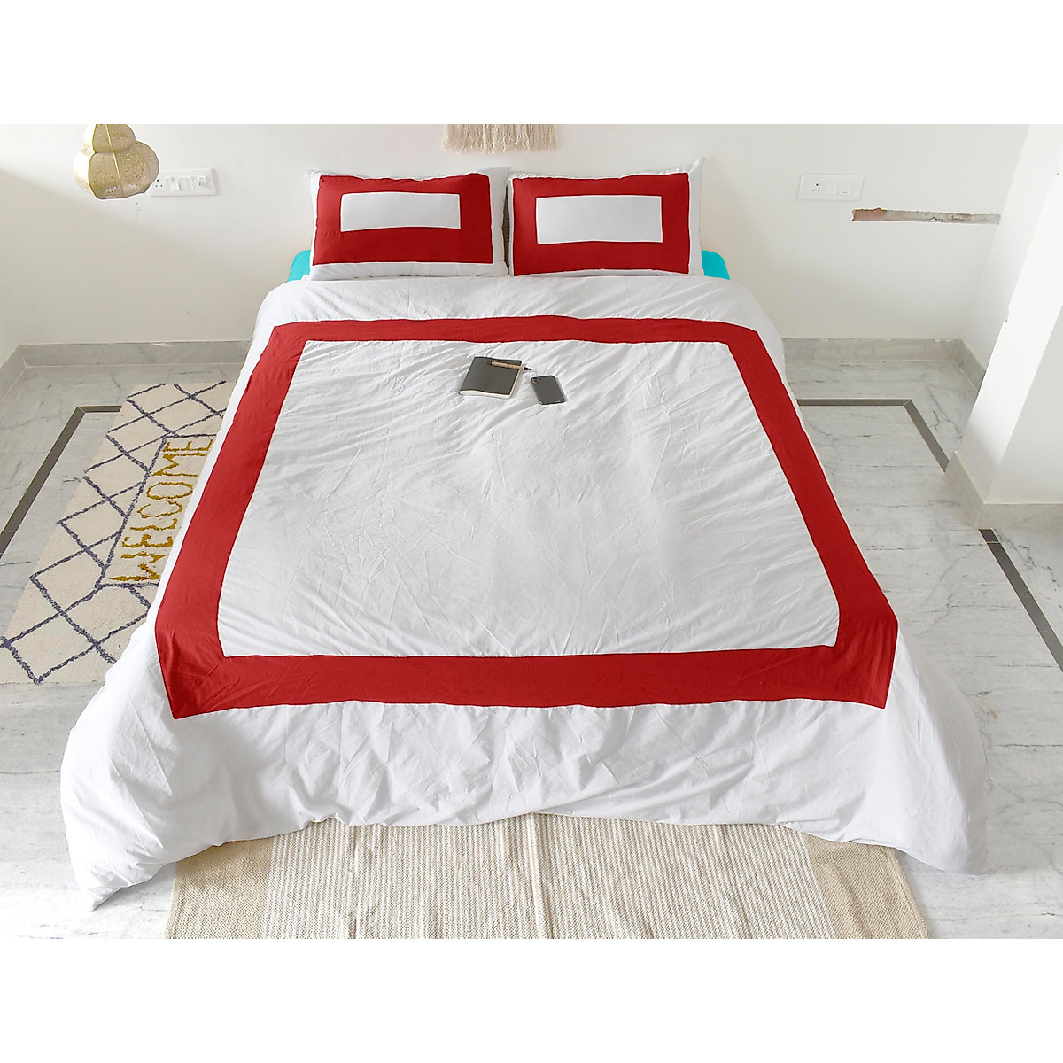 LALAWAT EXPORT Striped Border Pattern Duvet Cover Set 3-Piece Breathable and Soft Cotton Bedding Comforter Cover with Pillowcase (Queen, Red)