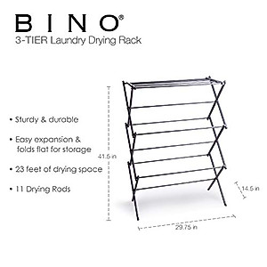 BINO | 3 Tier Foldable Drying Rack - Silver| Lightweight Steel Design, Easy Setup & Storage | Portable Steel Design | Laundry Drying Rack | Home Essential