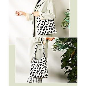 Fluffy Shoulder Bag Flower Cow Plush Underarm Handbag Bag Fluffy Purse Small Clutch Bag for Women Autumn Winter (White and Black, Shoulder Bag)