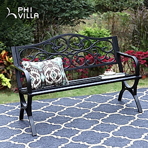 PHI VILLA 50-Inch Cast Iron Steel Frame Garden Bench Outdoor Patio Bench Chair w/Floral Design Backrest, Slatted Seat for Park, Yard & Porch, Black