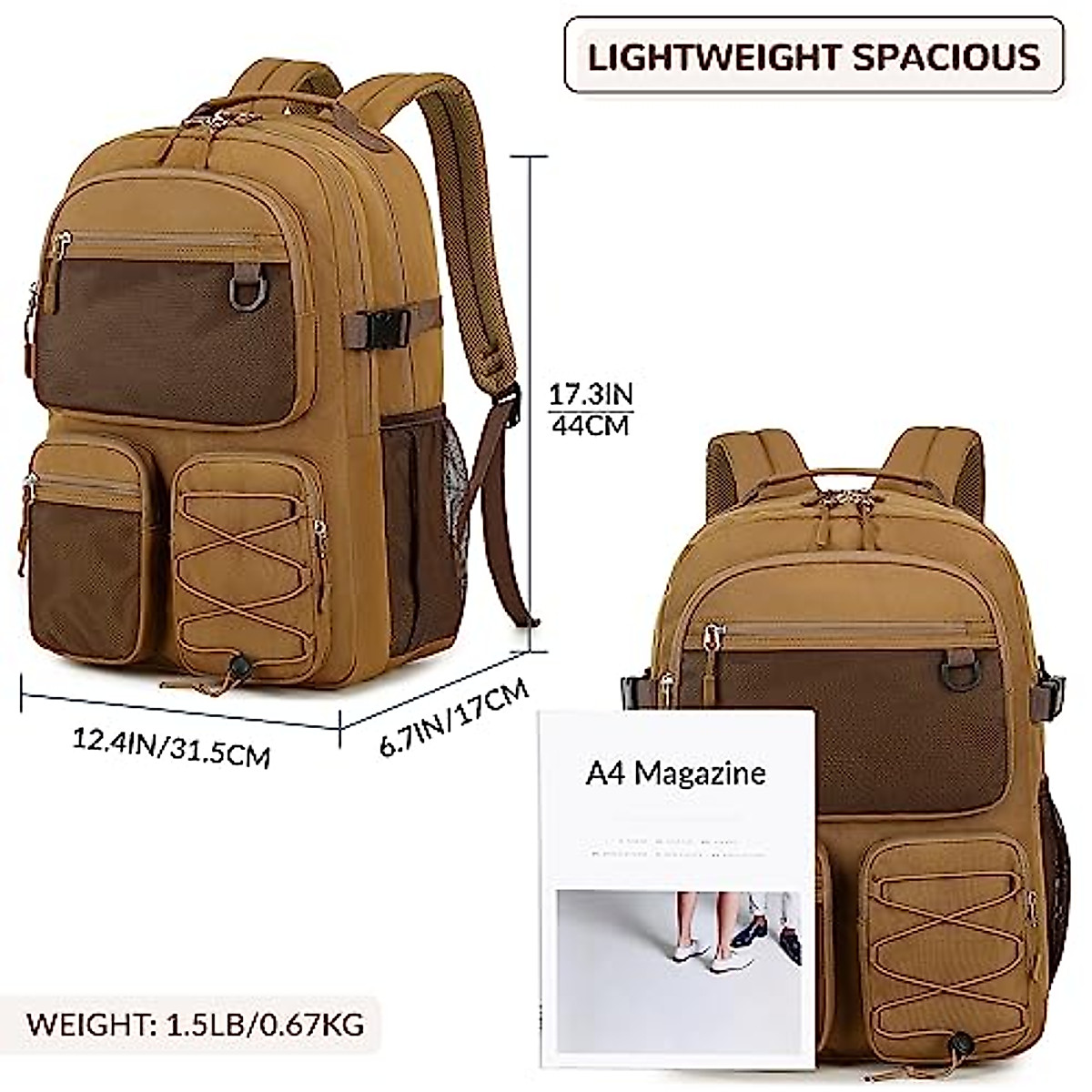 Lohol Water Resistant Daypack with Mulitiple Pockets for Travel Outdoor College, 15.6 inch Laptop Backpack for Men and Women (Brown