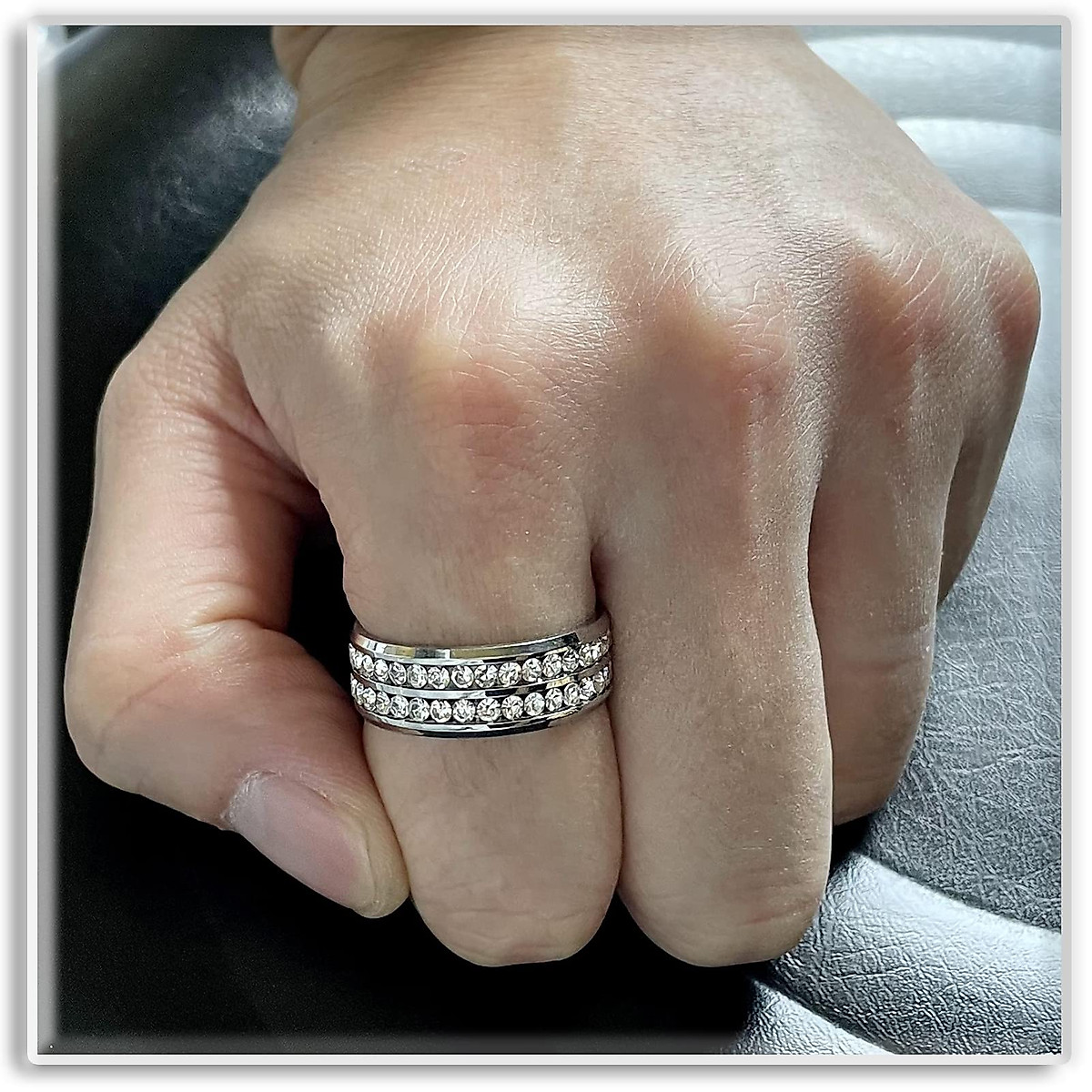 Xusamss Fashion Stainless Steel Double Iced Out Crystal Band Ring(White(10))