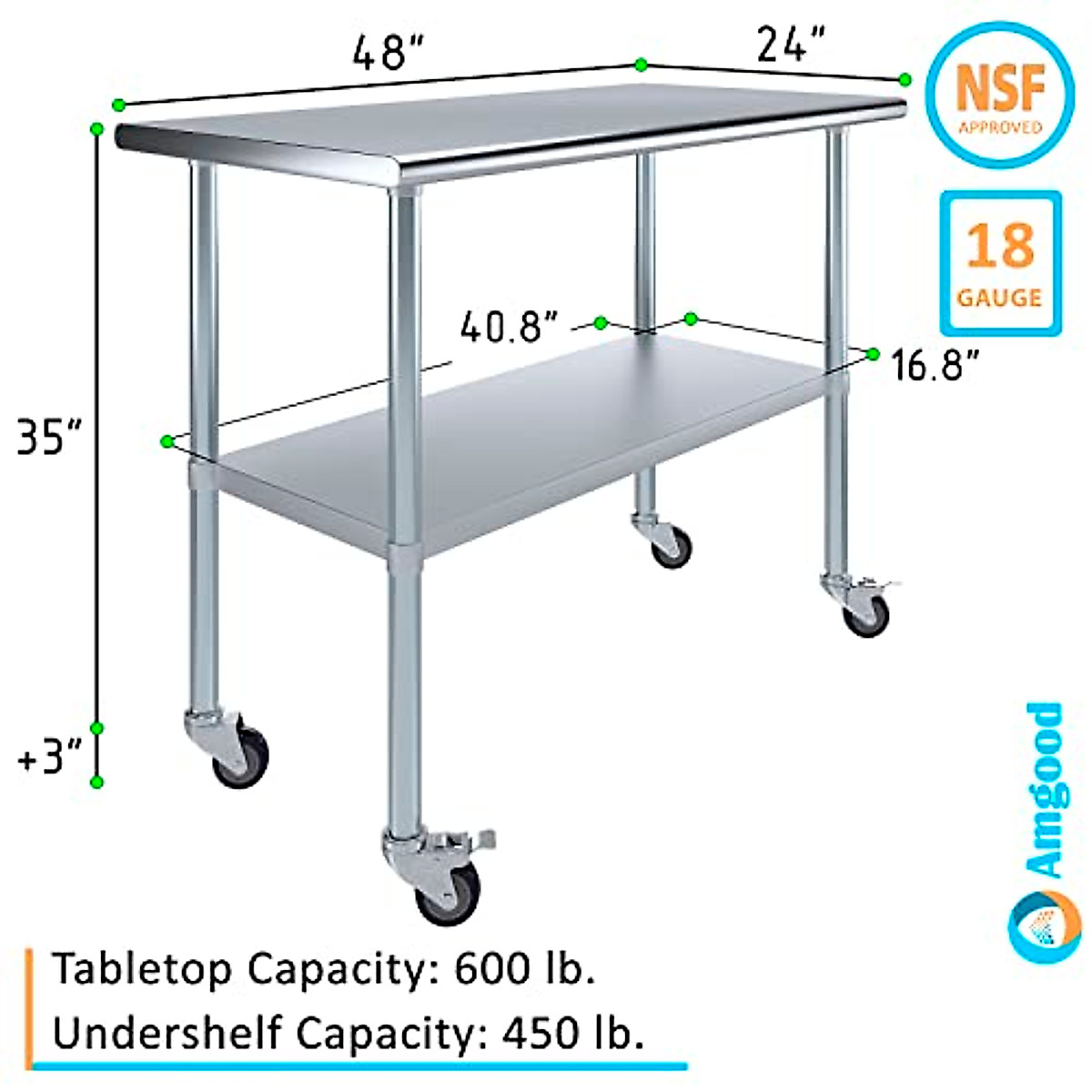 24" X 48" AmGood Stainless Steel Work Table with Wheels | Metal Mobile Table | Food Prep