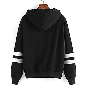 Women's Long Sleeve Striped Hoodie Sweatshirt Pullover Tops Blouse Casual Solid Pullover Hoodie for Winter Autumn Black