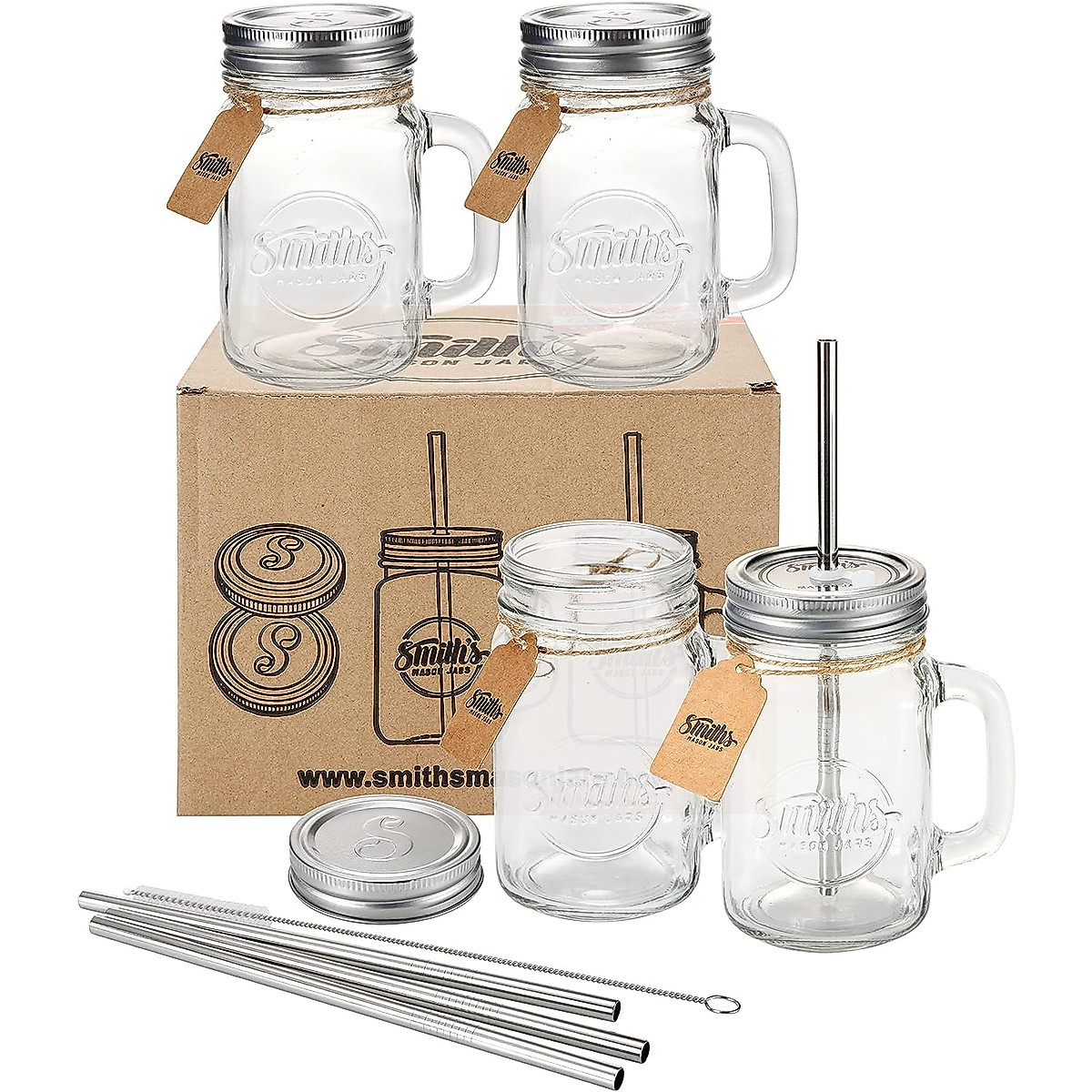 Smith's Mason Jars 16oz/473ml 4-pc Glass Cups with lid, straw and Handles - Smoothie glasses - Good for Milkshake, Juices, Ice Coffee Ideal for Picnics DIY Drinks and Outdoor Activity